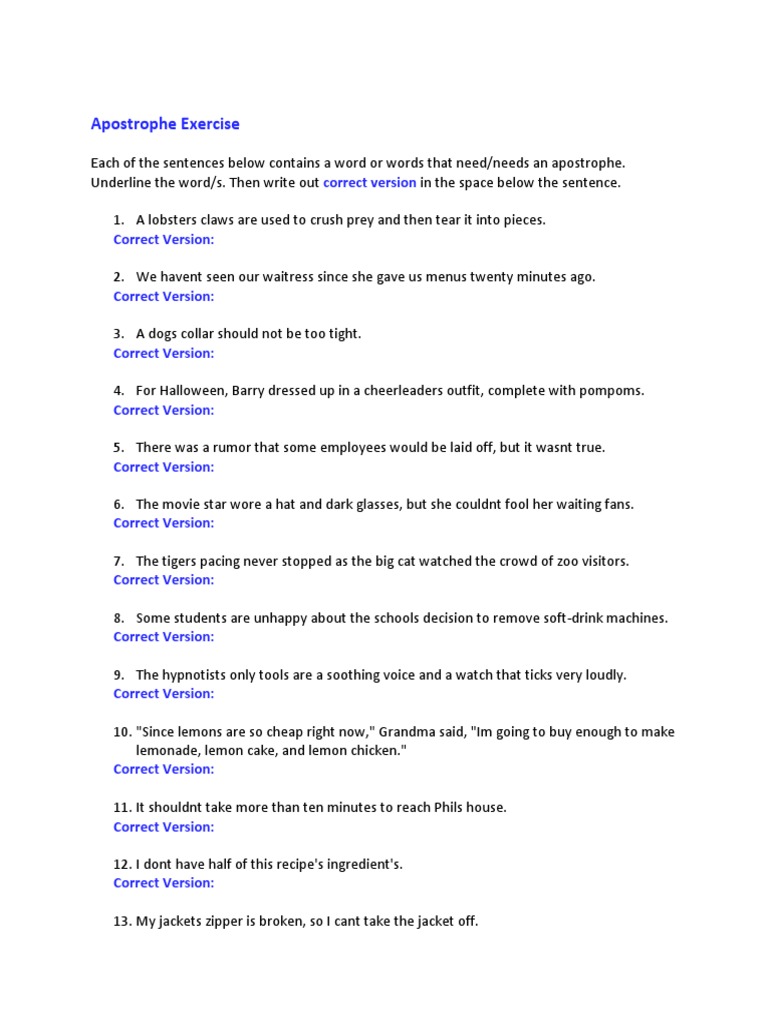 Apostrophe Usage Practice | PDF | Language Arts & Discipline