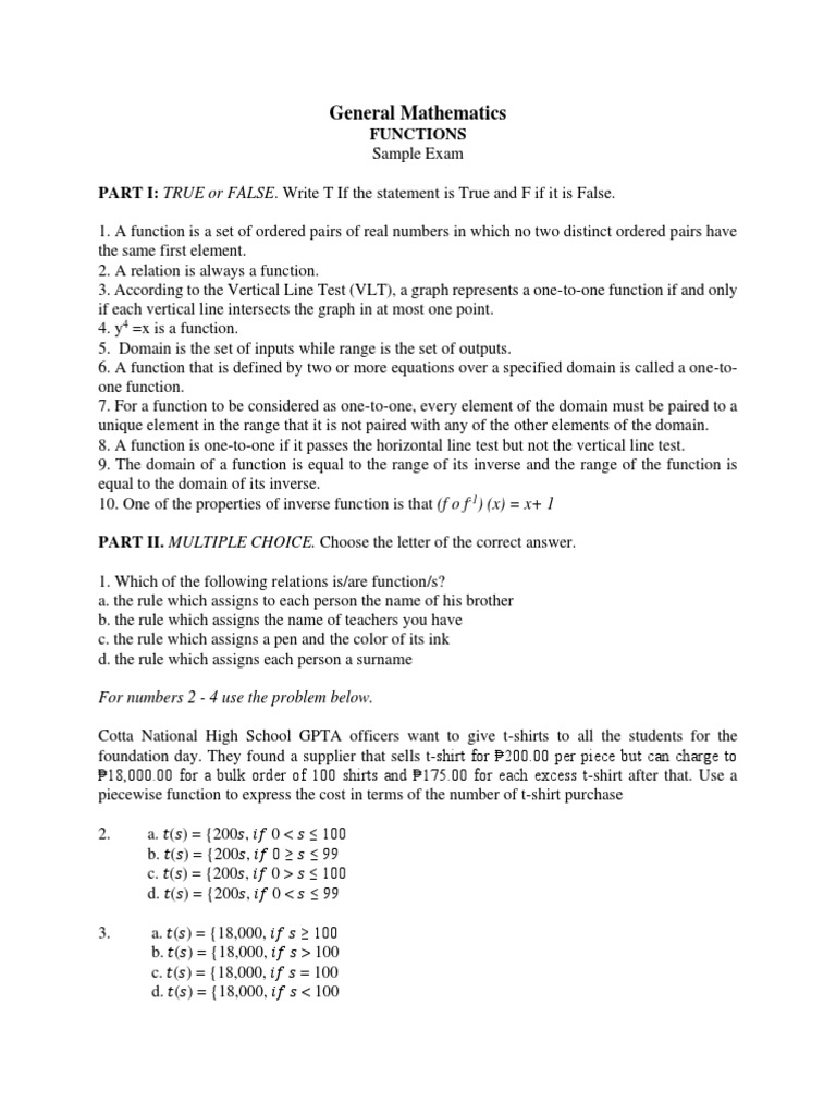 Gen Math - Sample Exam | PDF | Function (Mathematics) | Mathematical Relations