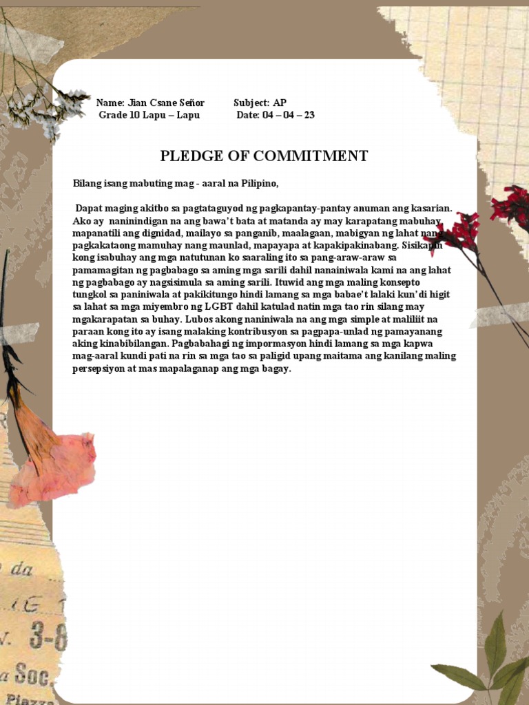 Pledge of Commitment: Name: Jian Csane Señor Subject: AP | PDF