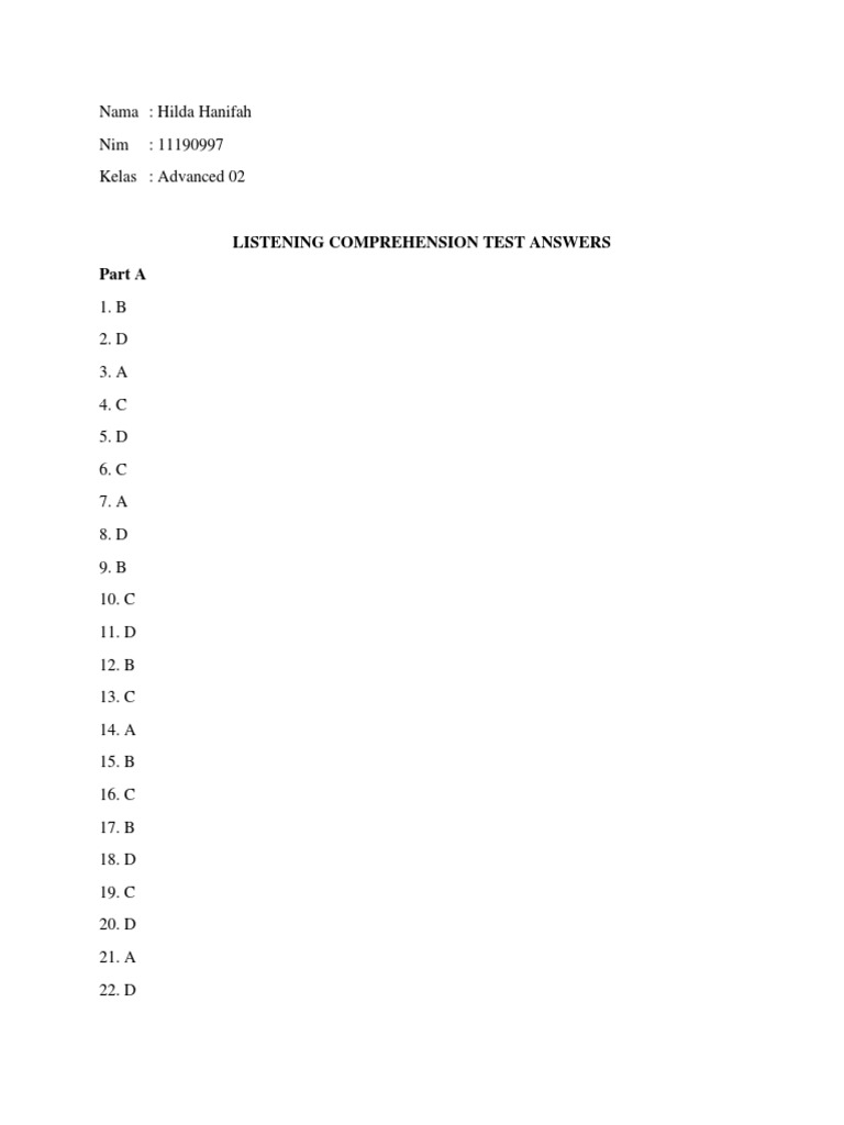Nama: Hilda Hanifah Nim: 11190997 Kelas: Advanced 02: Listening ...