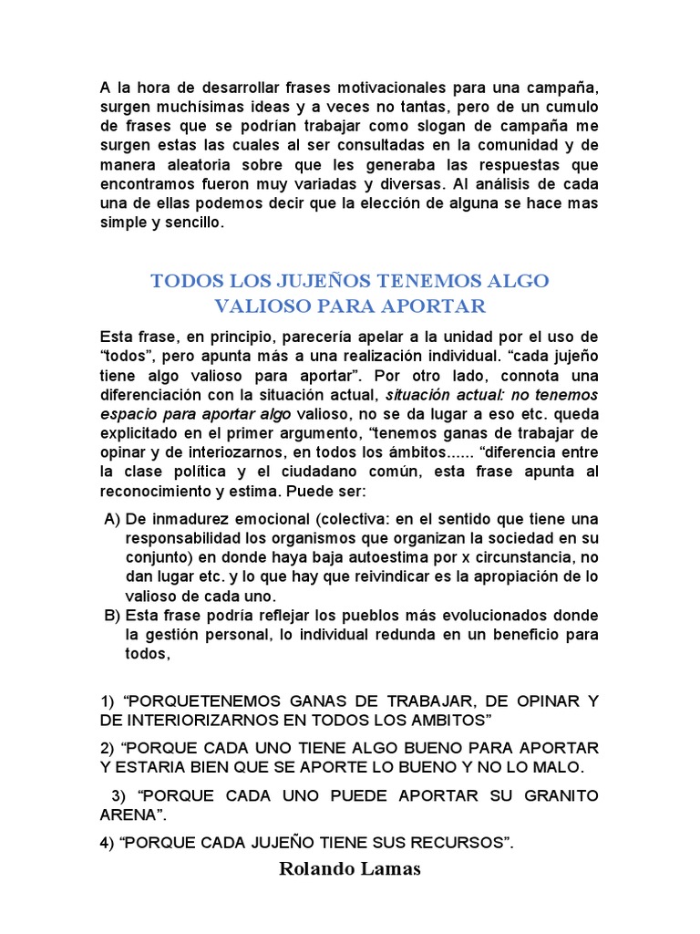 Todos Los Jujeños Tenemos Algo Valioso para Aportar: Rolando Lamas | PDF