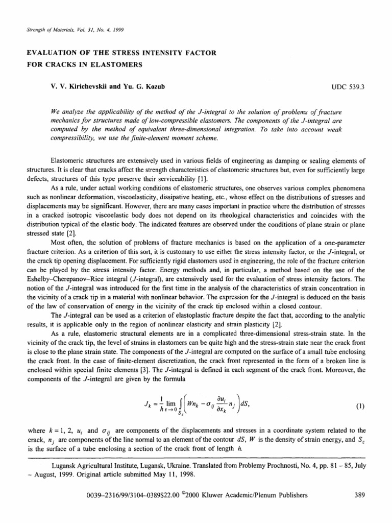 1999 - Evaluation of The Stress Intensity Factor For Cracks in Elastomers | PDF | Fracture ...