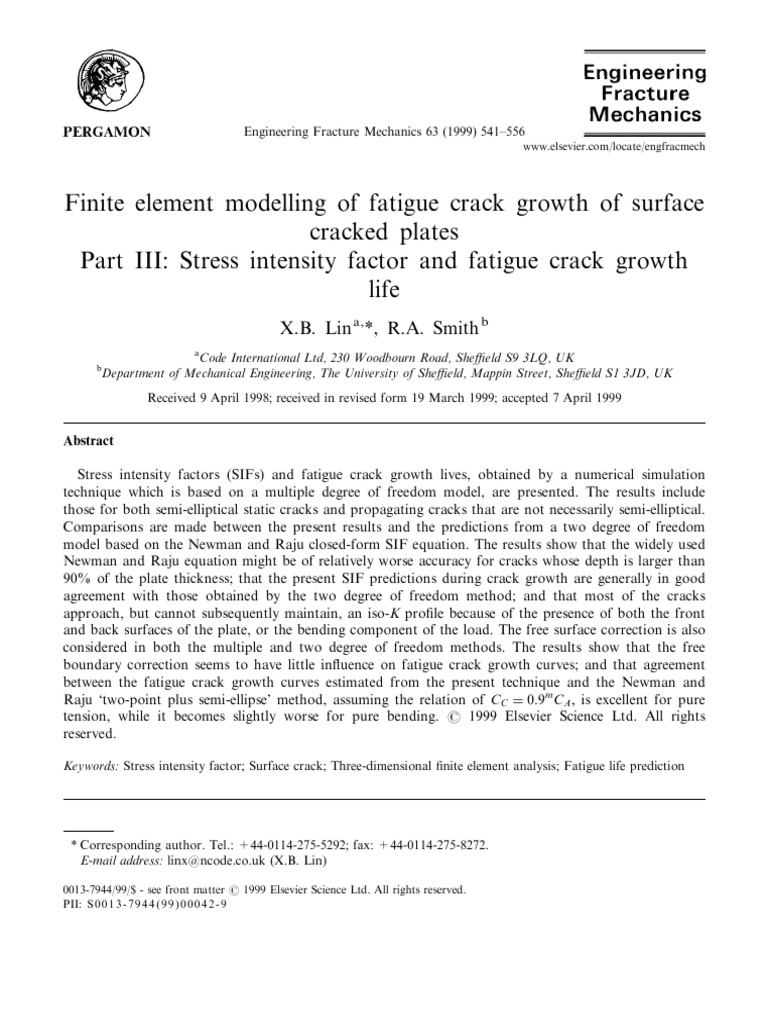1999 - Finite Element Modelling of Fatigue Crack Growth of Surface | Download Free PDF ...