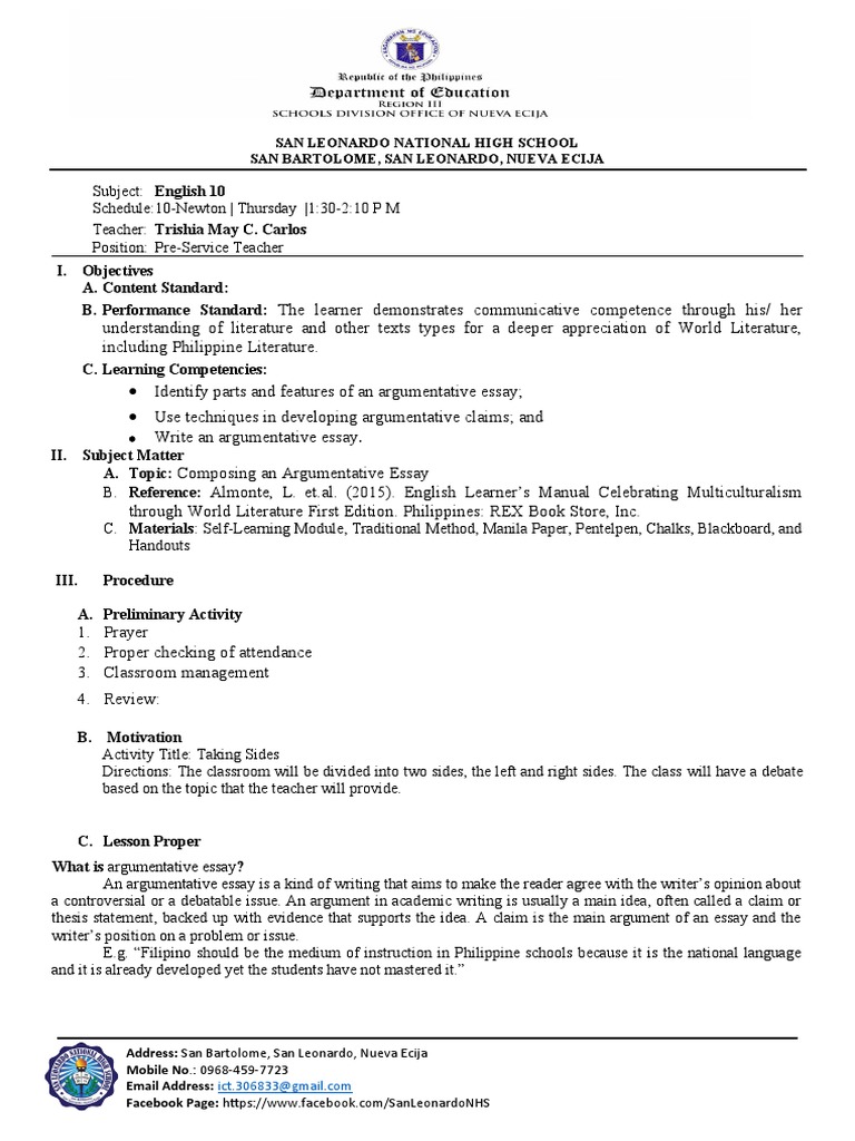 Argumentative Essay Lesson Plan | PDF | Essays | Argument