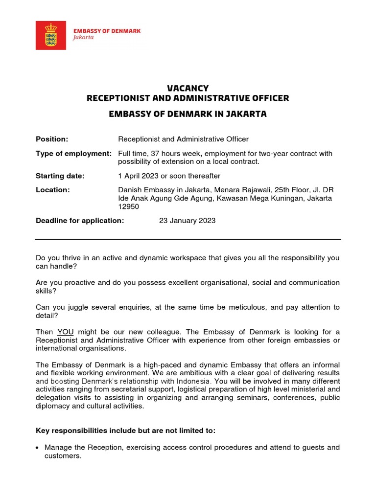 Receptionist - Vacancy Announcement 2023 | PDF