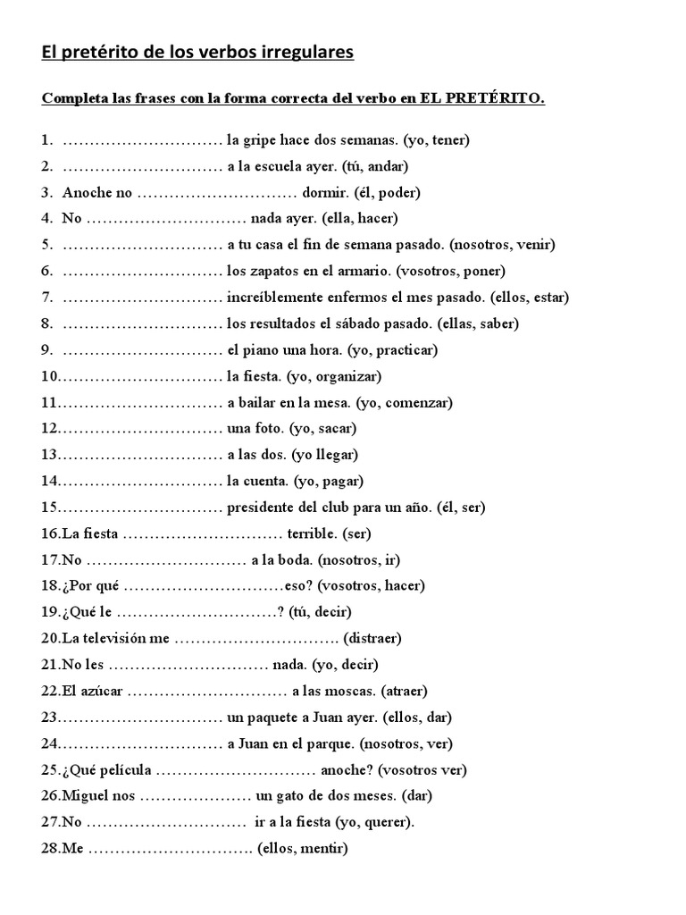 El Pretérito de Los Verbos Irregulares | PDF | Artes del Lenguaje y ...