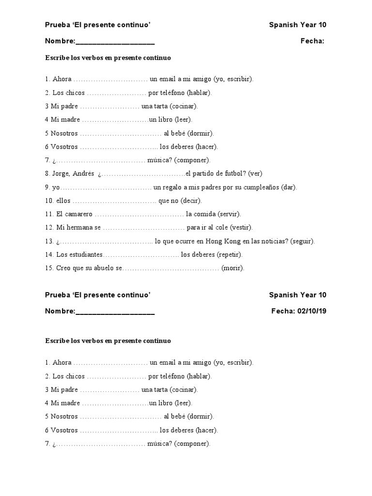 Prueba Repaso Presente Continuo | PDF