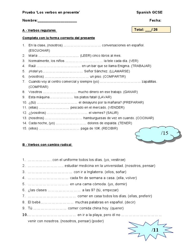 Prueba de Verbos en Presente GCSE | PDF