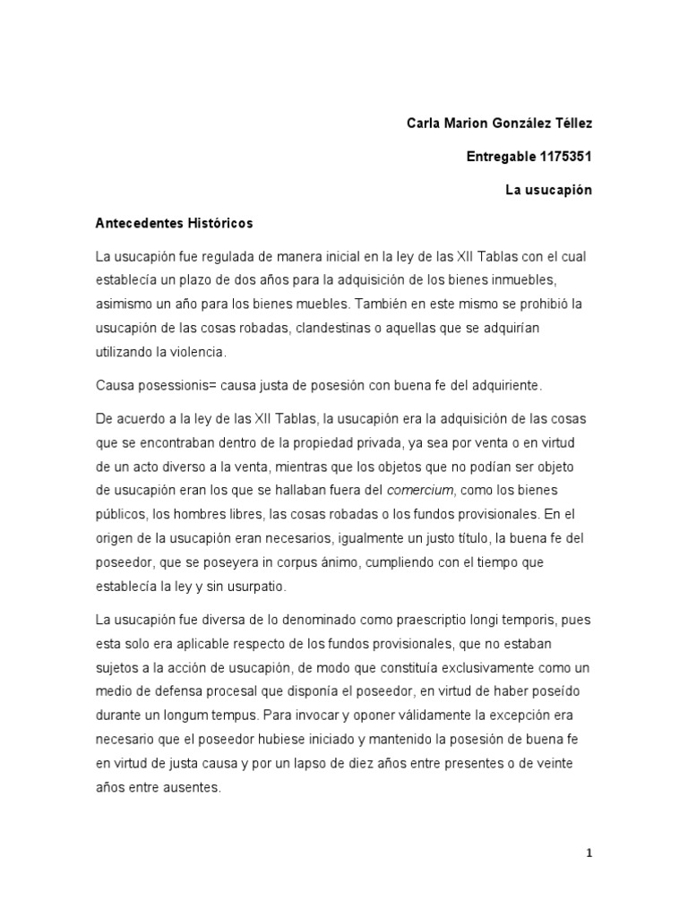Carla Marion González Téllez Entregable 1175351 La Usucapión ...