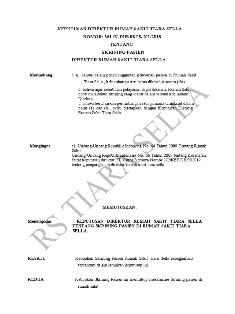 Kebijakan Baru tentang Skrining Pasien di Rumah Sakit Tiara Sella | PDF Kebijakan Baru tentang Skrining Pasien di Rumah Sakit Tiara Sella | PDF