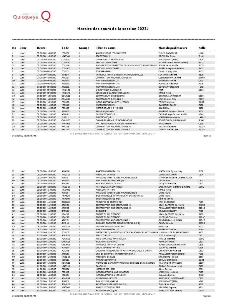 Horaire Des Cours de La Session 2023J | PDF