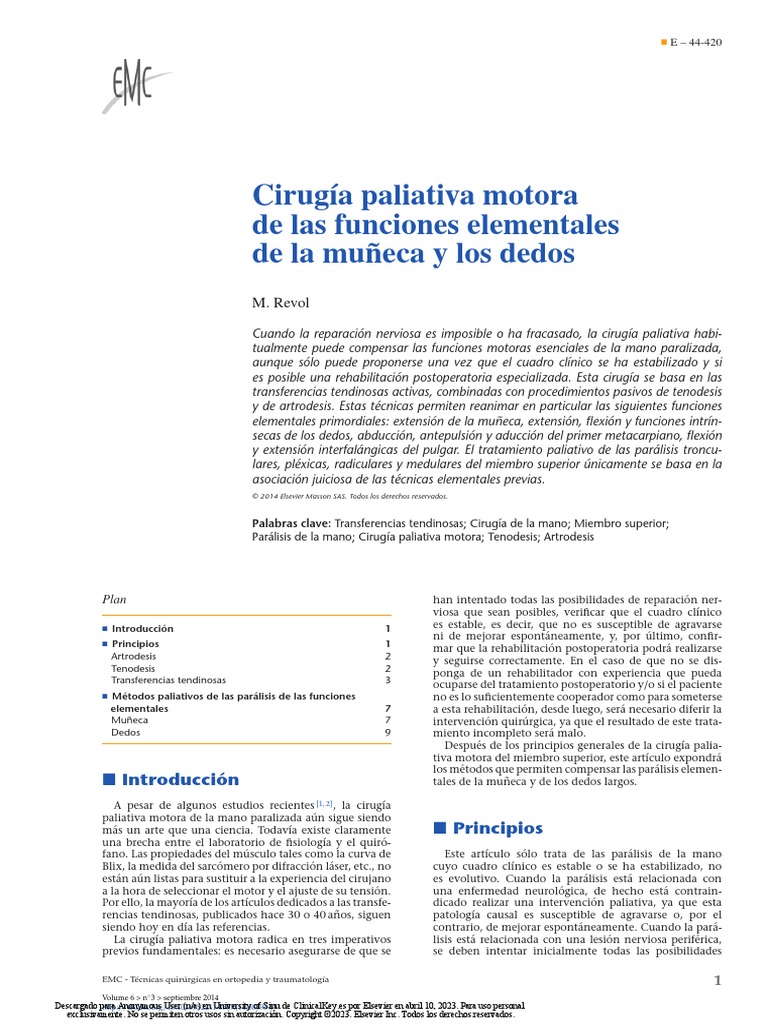 Cirugía Paliativa Motora de Las Funciones Elementales de La Mu Neca y ...