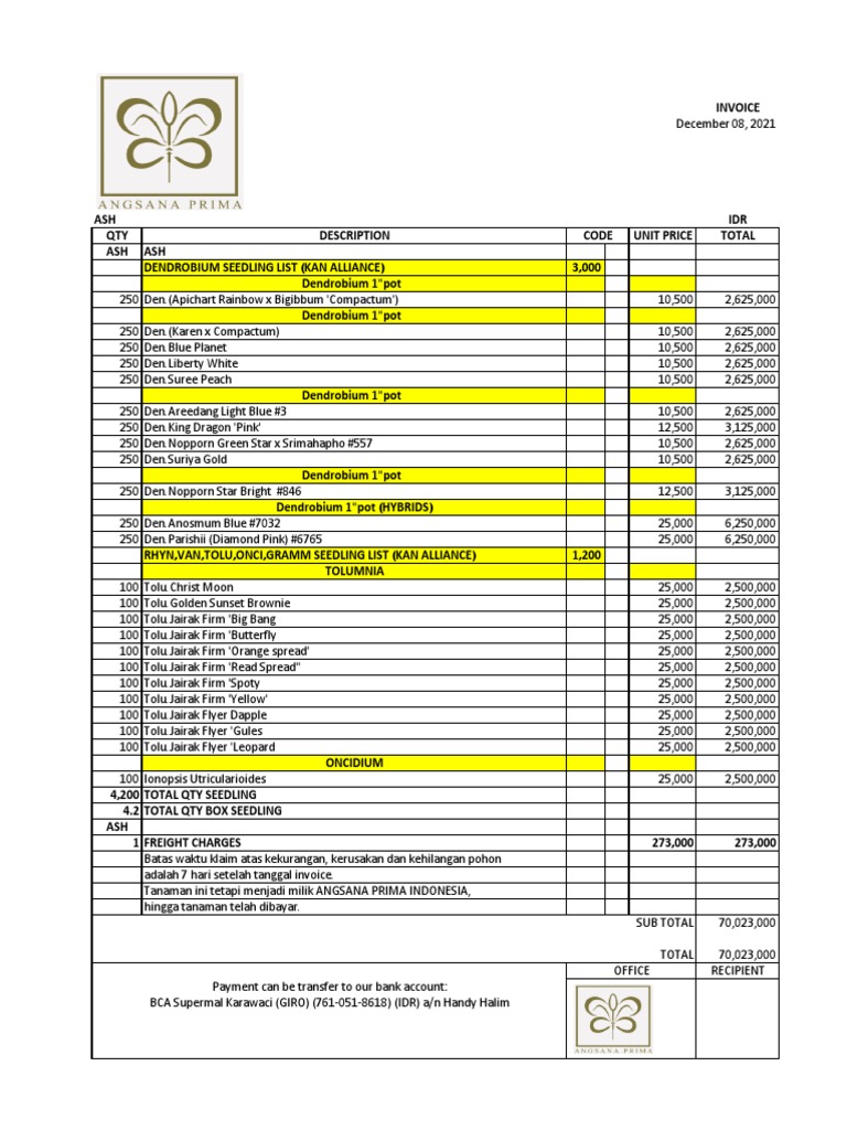 Orchid Seedling Invoice Dec 2021 | PDF