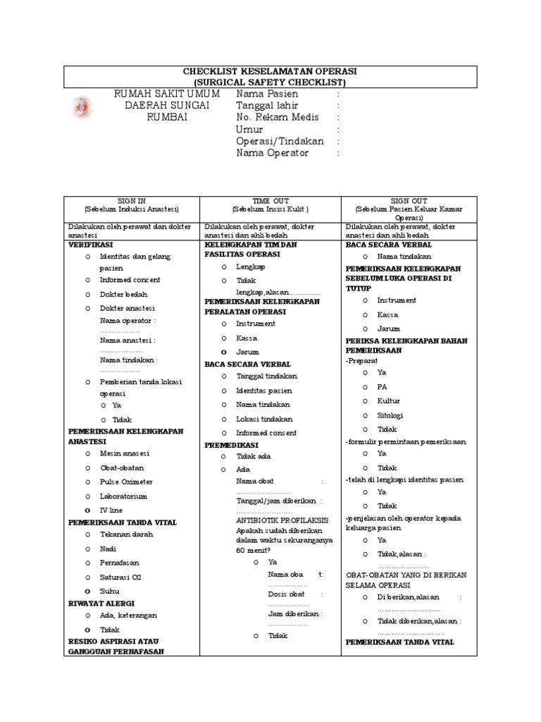 Checklist Keselamatan Operasi Rumah Sakit | PDF