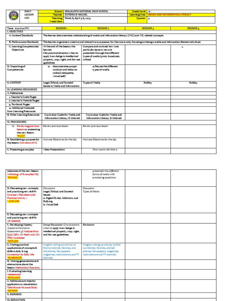 Daily Lesson LOG Week 8, April 3-6, 2023 Session 1 Session 2 Session 3 Session 4 I. Objectives ...