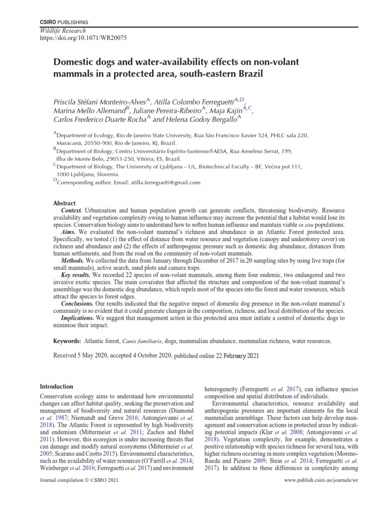 Monteiro-Alves Et Al 2021 - Domestic Dogs and Water-Availability Effects On Non-Volant Mammals ...