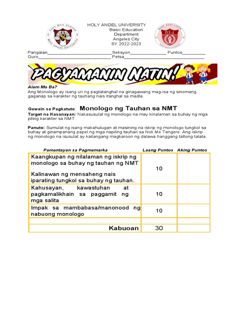Monologo NG Tauhan Mini Task | PDF