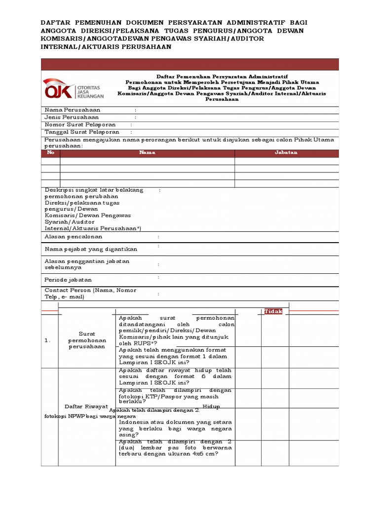 Formulir Pendaftaran OJK Anggota Direksi | PDF