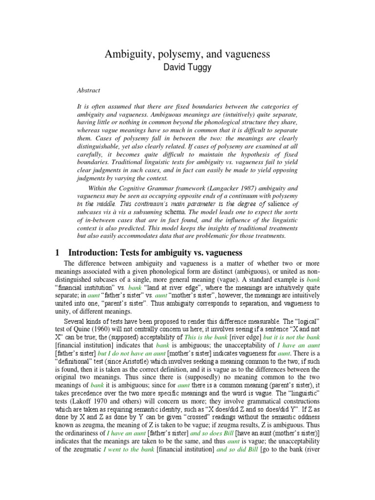 Ambiguity, Polysemy, and Vagueness by David Tuggy | PDF | Vagueness | Ambiguity