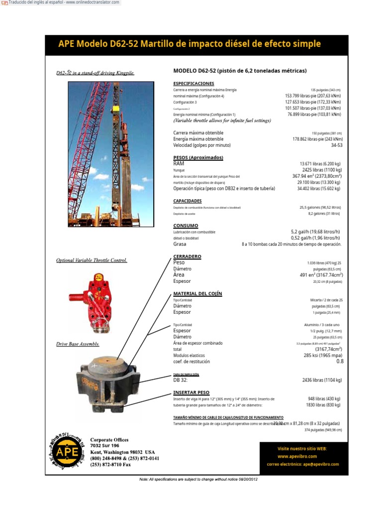 APE Modelo D62-52 Martillo de Impacto Diésel de Efecto Simple | PDF ...