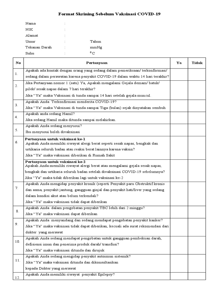 Format Skrining Sebelum Vaksinasi COVID | PDF