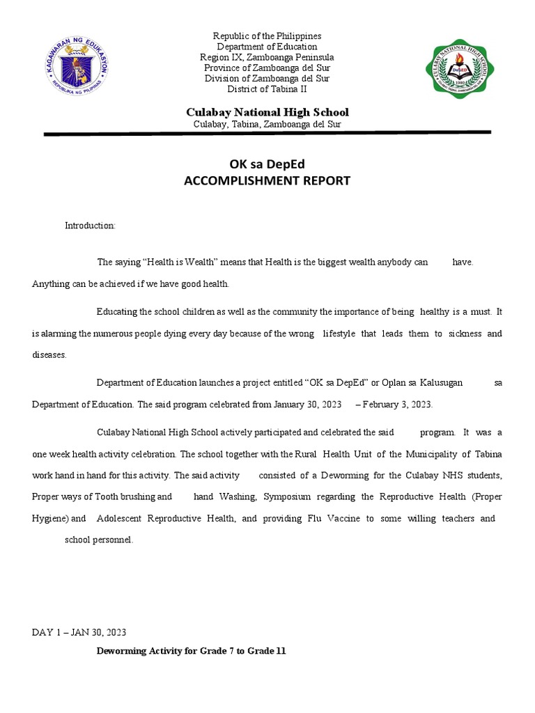 Acomplishment Report For One Week Health Activities | PDF | Hand ...