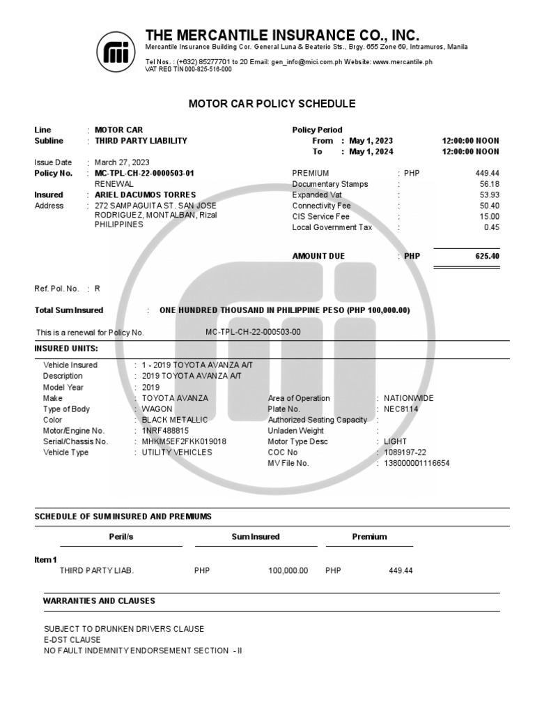 The Mercantile Insurance Co., Inc.: Motor Car Policy Schedule ...