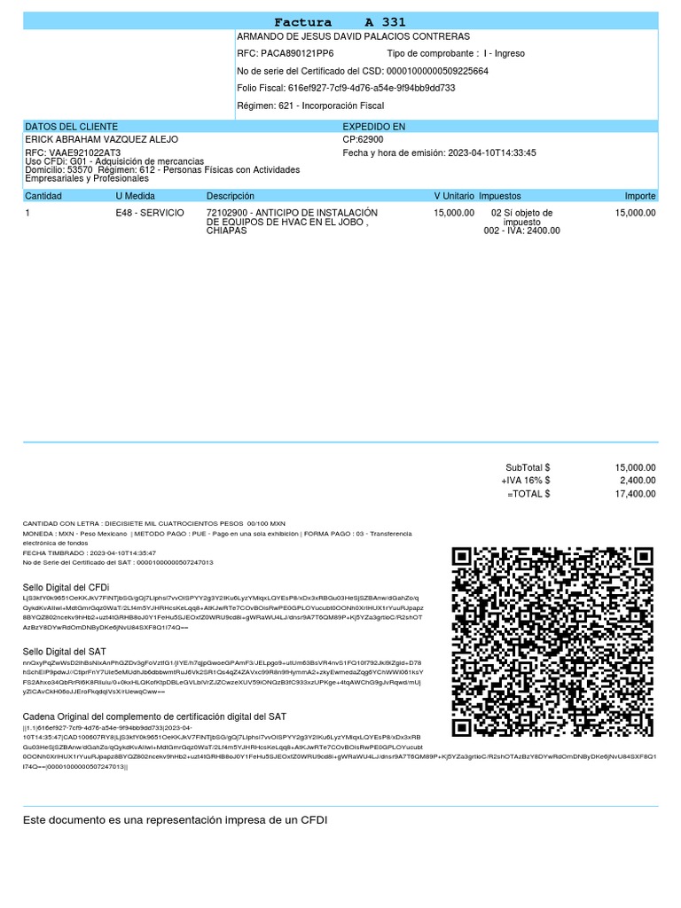 Factura A 331: Este Documento Es Una Representación Impresa de Un CFDI | Descargar gratis PDF ...