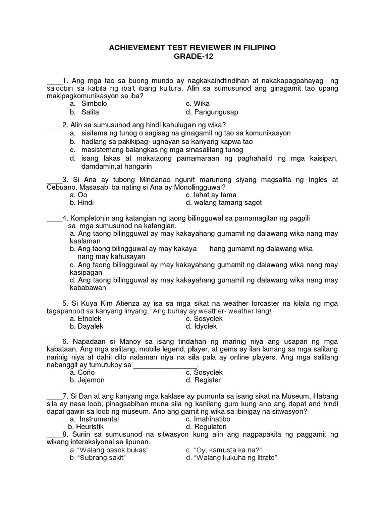 Nat Reviewer Filipino 12 | PDF