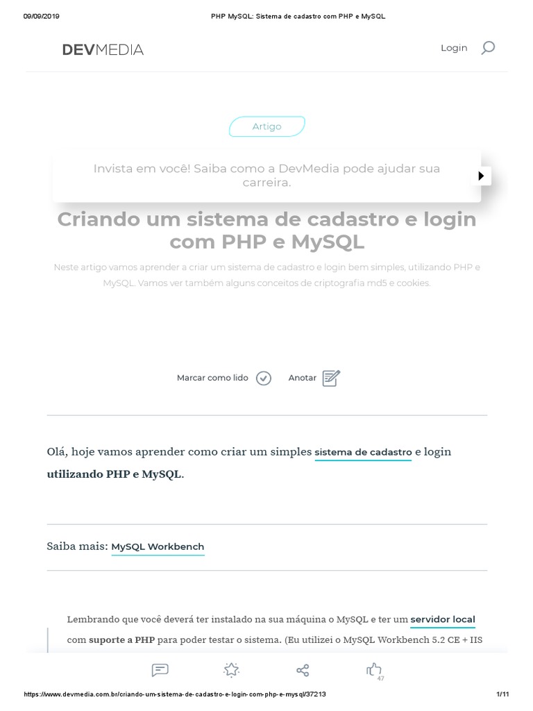 Crie um sistema de cadastro e login simples com PHP e MySQL | PDF | Php ... Crie um sistema de cadastro e login simples com PHP e MySQL | PDF | Php ...