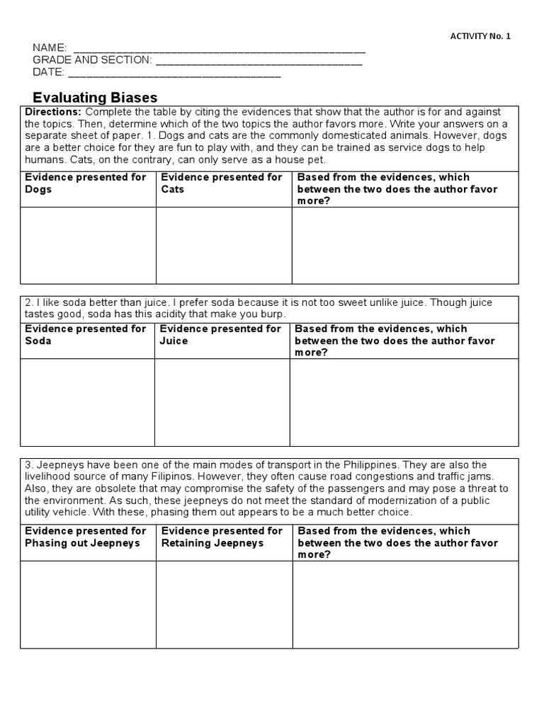 Evaluating Evidence and Bias Worksheet | PDF