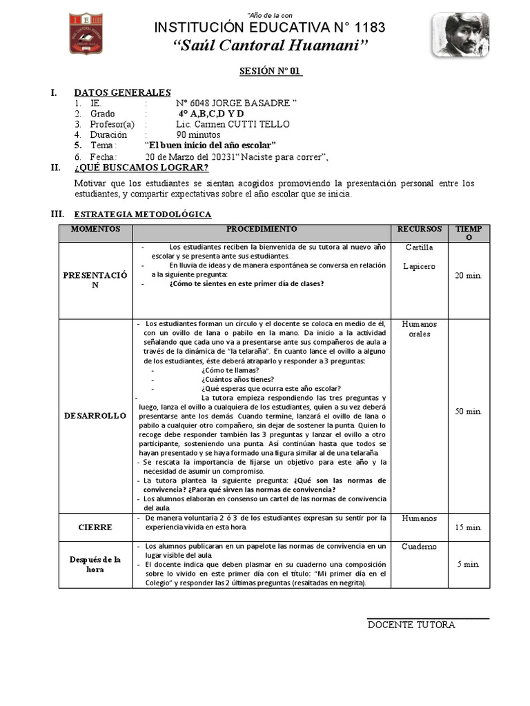 Sesion Del Buen Inicio Del Ano Escolar | PDF