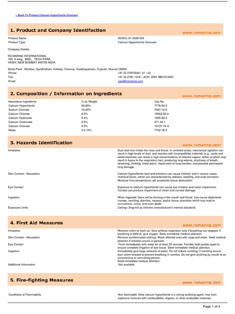 MSDS | PDF | Chlorine | Personal Protective Equipment