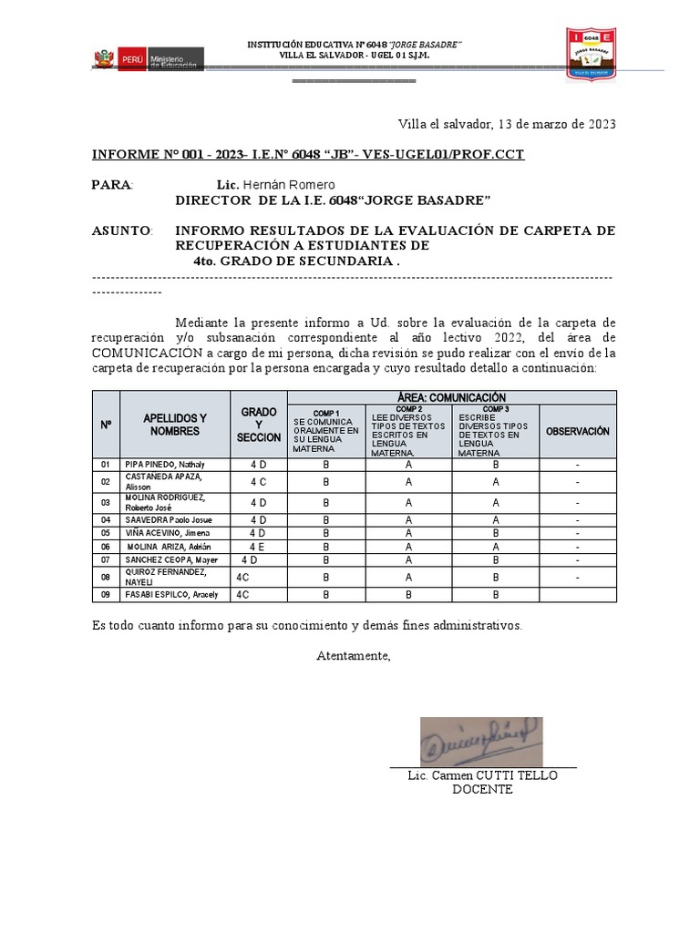 Informe de Evaluacion de Carpeta de Recuperacion | PDF Informe de Evaluacion de Carpeta de Recuperacion | PDF
