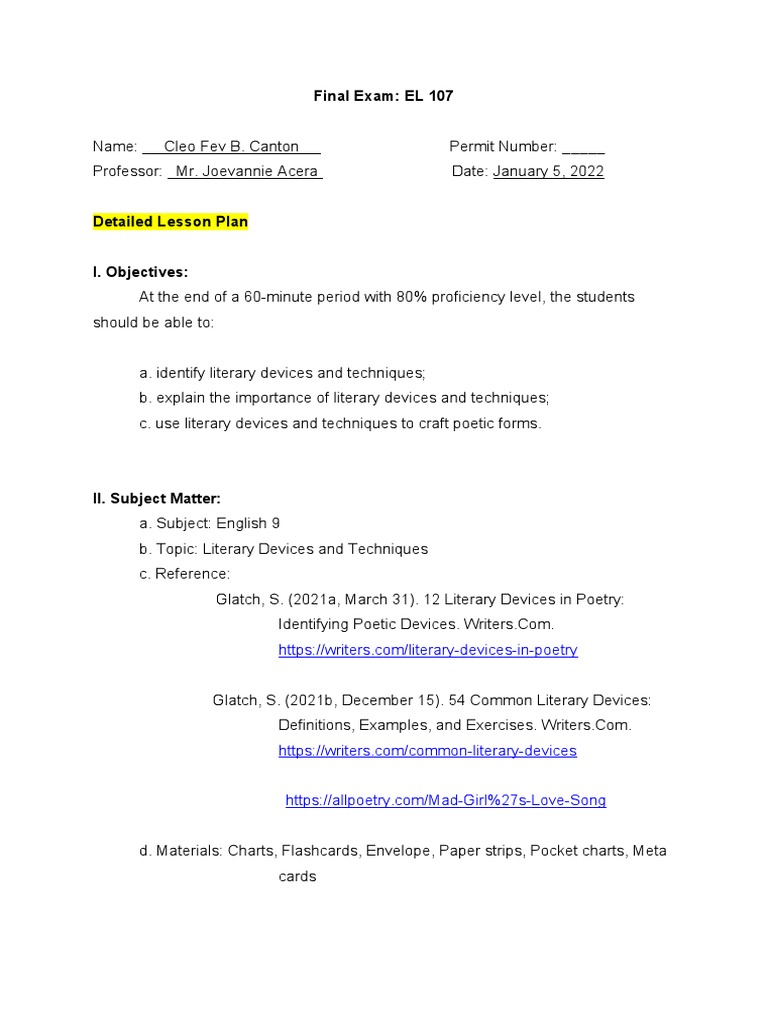 FINAL Exam EL107 LP | PDF | Poetry | Rhyme