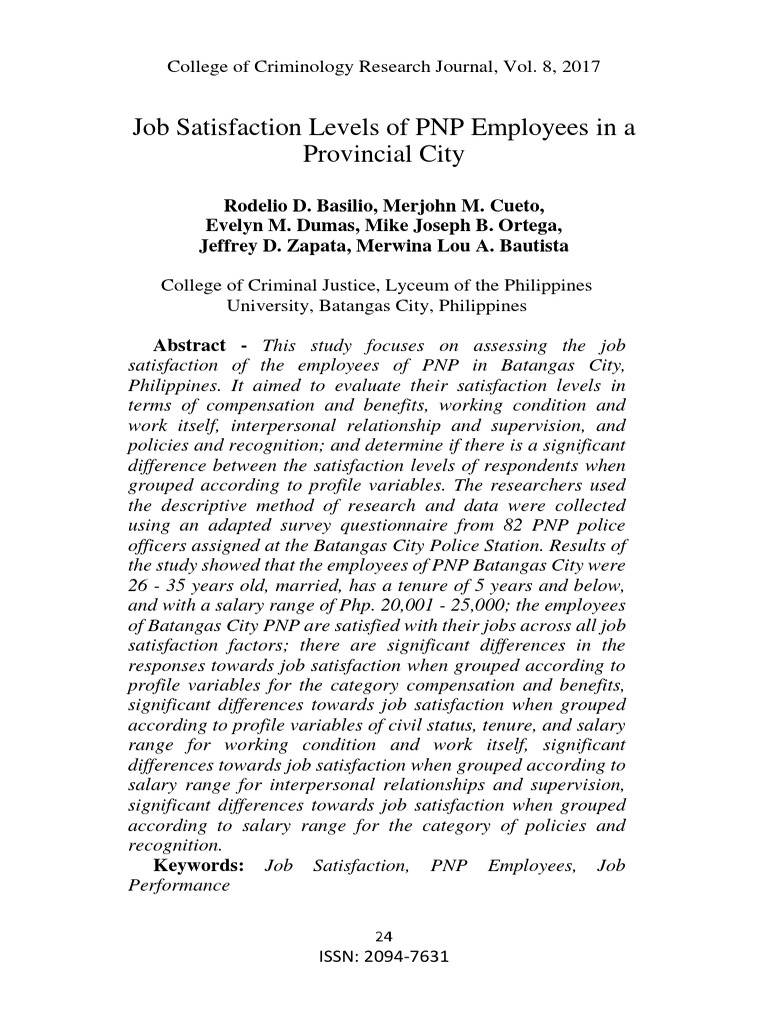 Job Satisfaction Levels of PNP Employees in A Provincial City | PDF ...