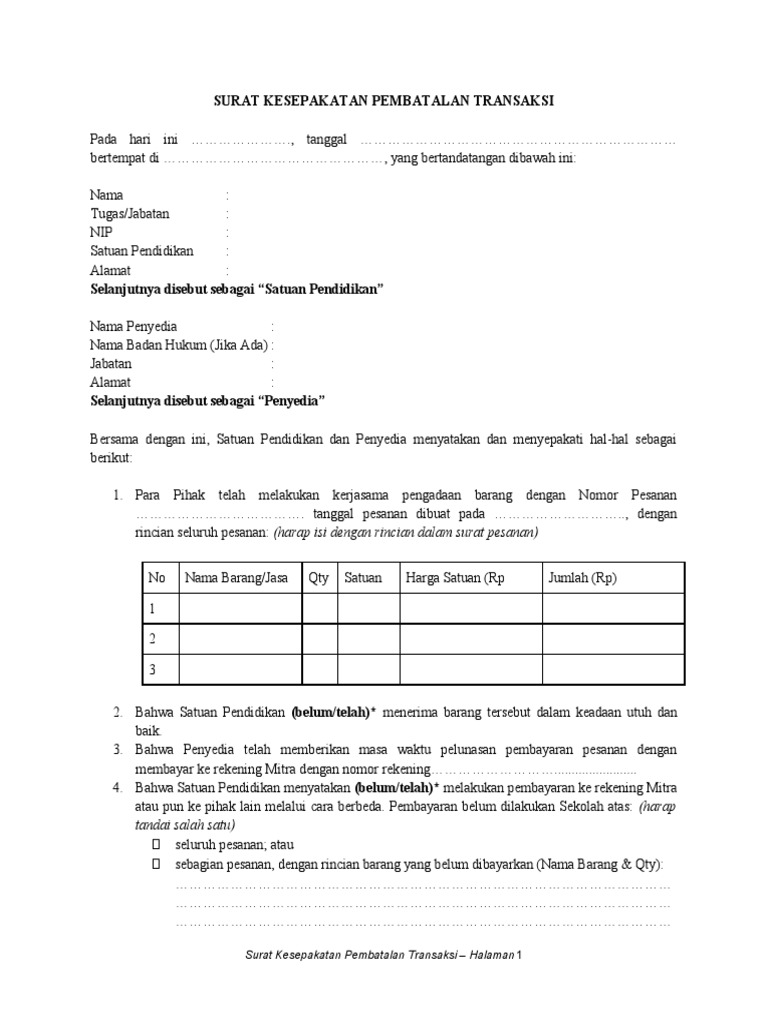 Surat Kesepakatan Pembatalan Transaksi | PDF