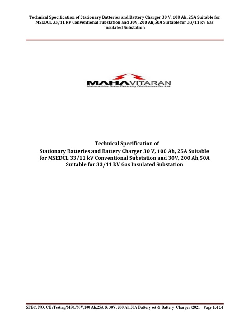 Technical Specs 30V Stationary Batteries Battery Charger MSEDCL ...