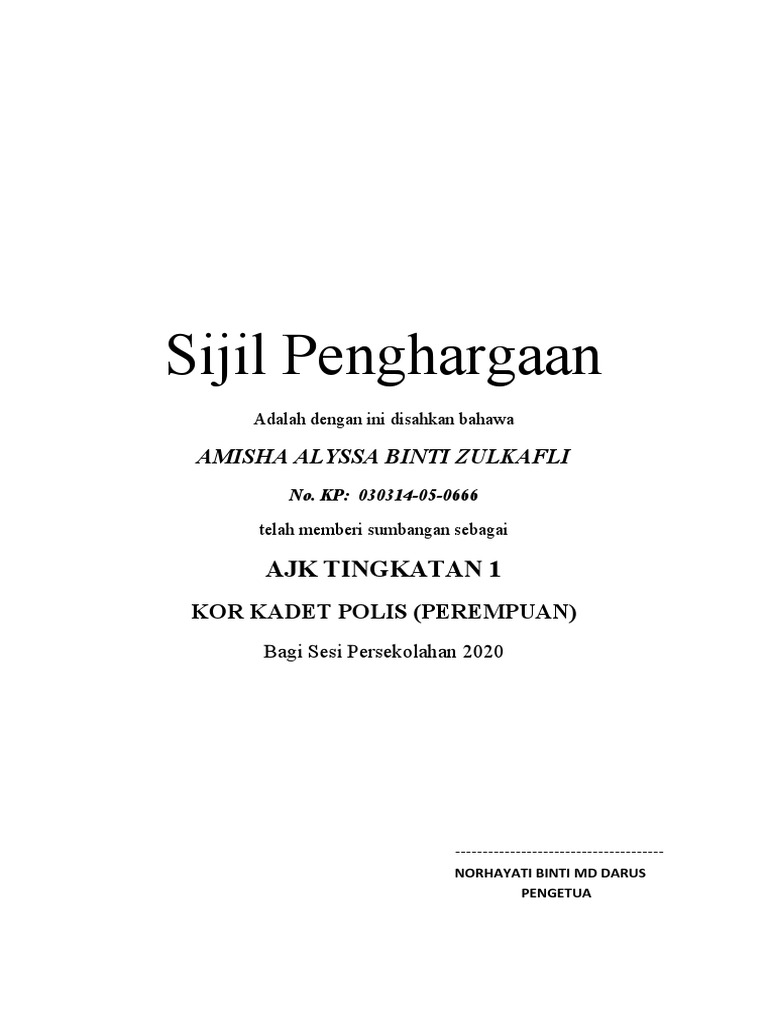 Sijil Penghargaan: Ajk Tingkatan 1 | PDF