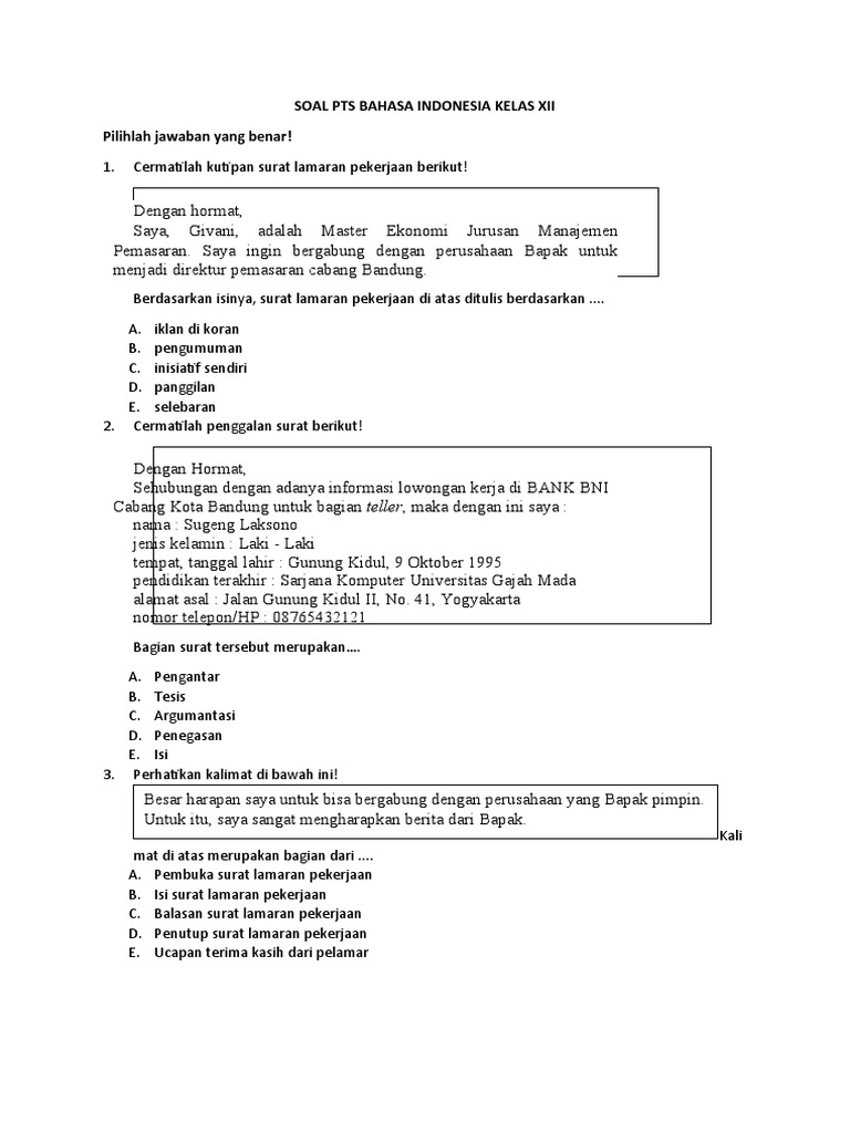 Soal PTS Bahasa Indonesia Kelas Xii | PDF