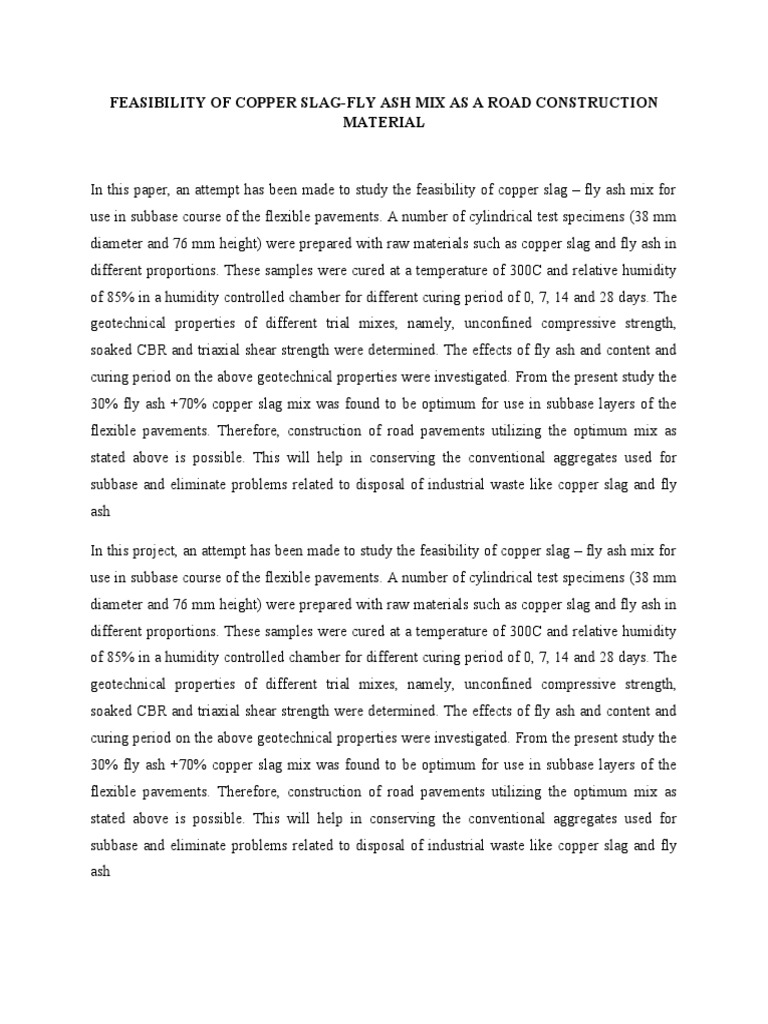 Feasibility of Copper Slag-Fly Ash Mix As A Road Construction Material ...