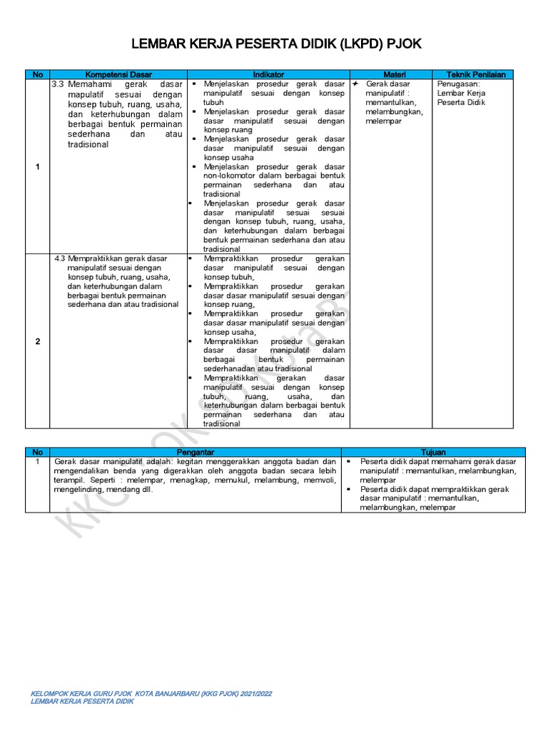 LKPD PJJ PJOK Kelas I (KD 3.3. 4.3) Pertemuan 4 | PDF