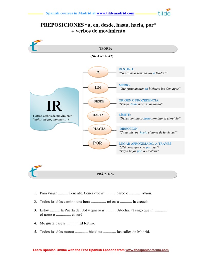 Spanish Grammar Exercises A2 Preposiciones y Verbos de Movimiento | PDF ...