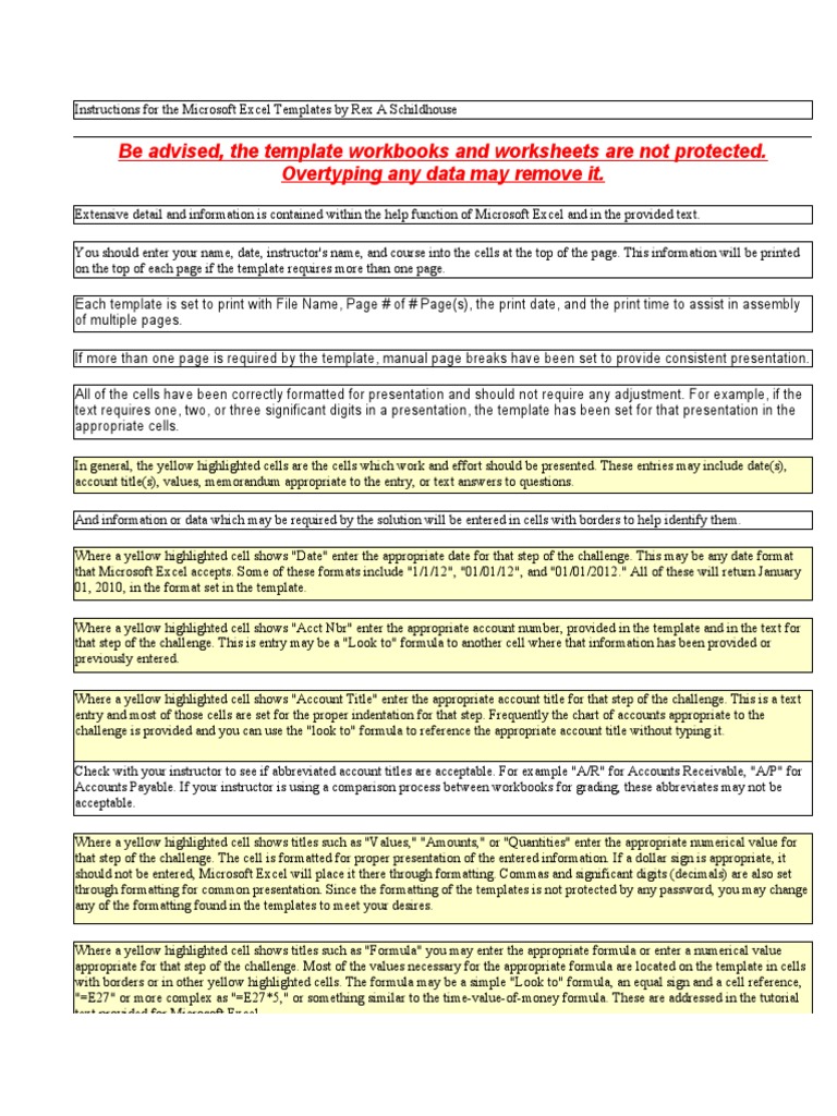 Be Advised, The Template Workbooks and Worksheets Are Not Protected ...