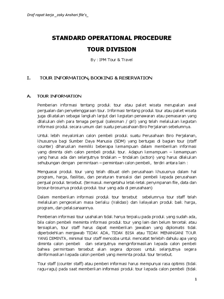 Standard Operational Procedure Tour Division: I. Tour Information ...