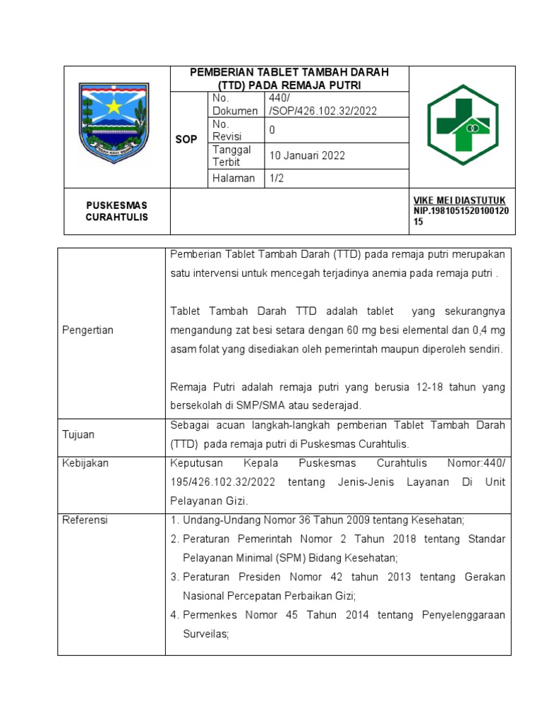 Prosedur Pemberian TTD untuk Remaja Putri | PDF