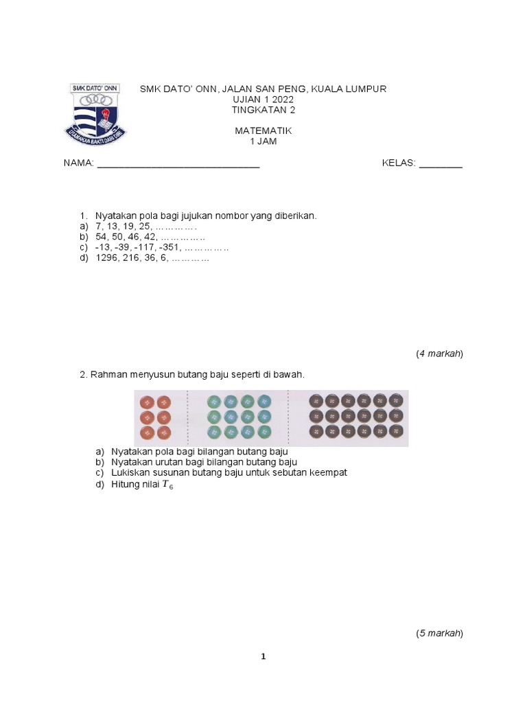 Soalan Ujian 1 Matematik Tingkatan 2 2021 | PDF