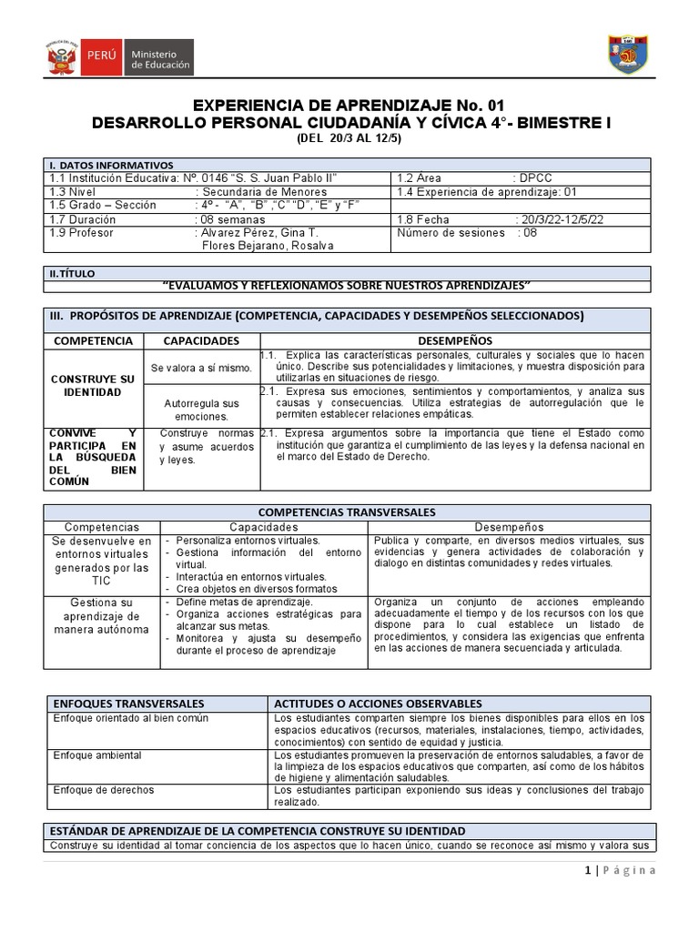 Experiencia de Aprendizaje No. 01 Desarrollo Personal Ciudadanía Y Cívica 4°-Bimestre I | PDF ...