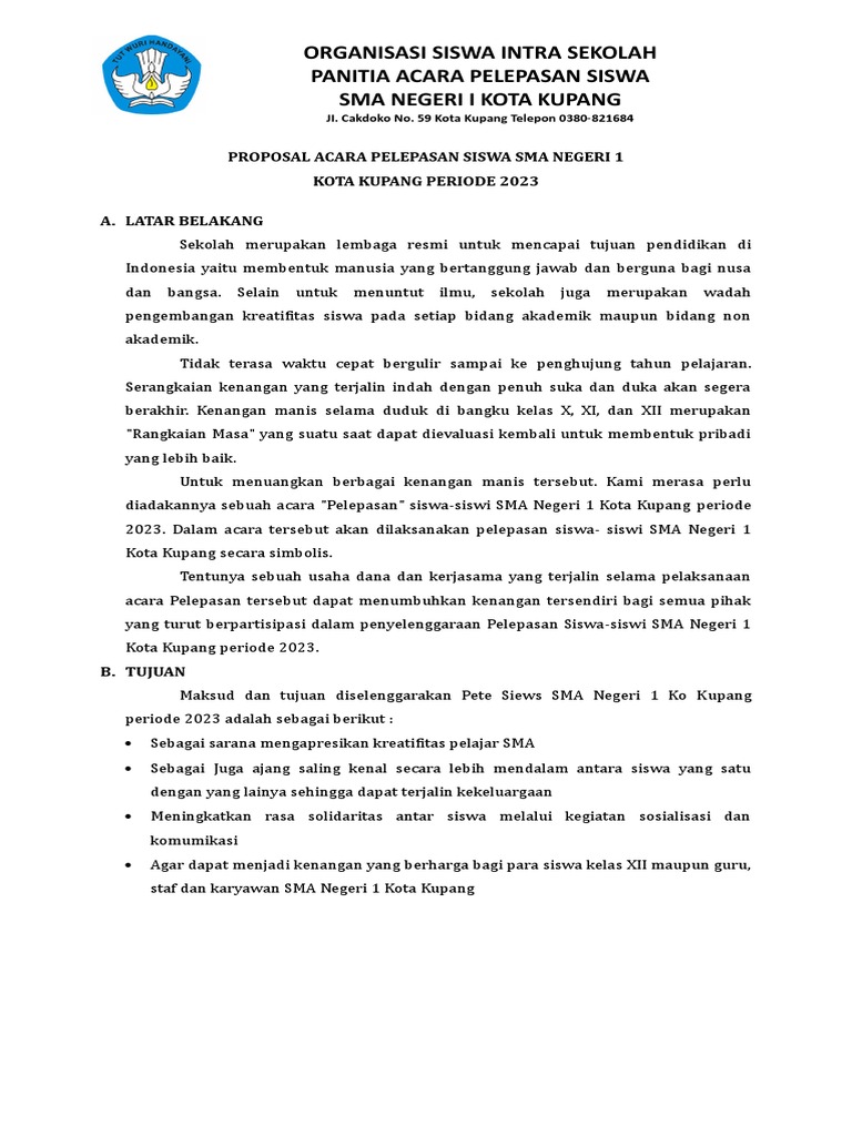 Proposal Acara Pelepasan Siswa Sma Negeri 1 Kota Kupang Periode 2023 | PDF