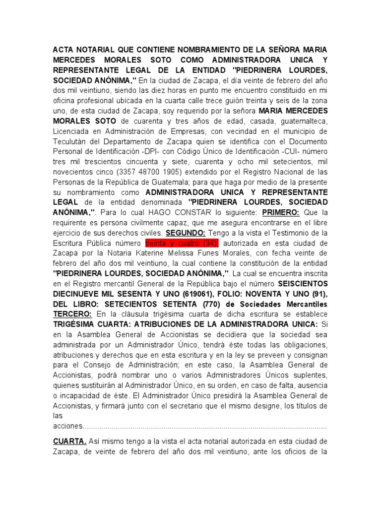 Acta Notarial Nombramiento Del Representante | PDF